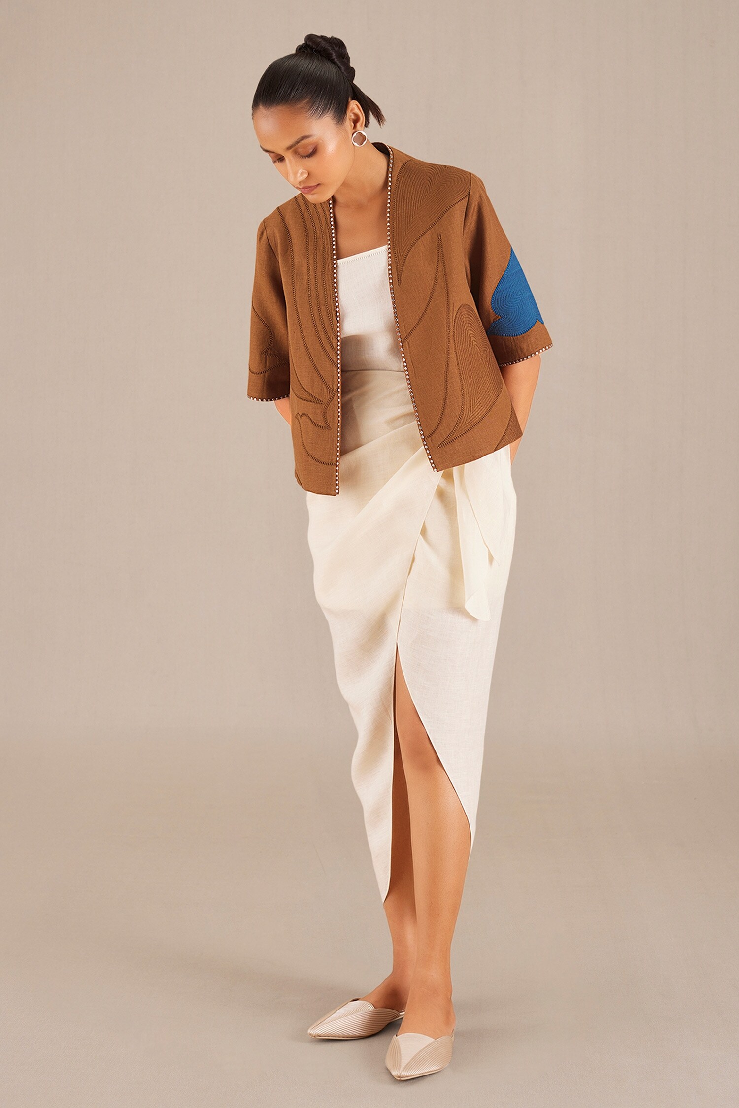 Buy Brown Linen Embroidery Leaf Inner Top Motif Jacket And Skirt Set ...