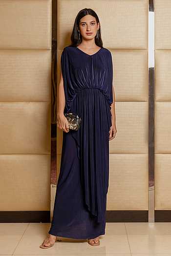 Buy Blue Crepe V Neck Draped Gown For Women by B'Infinite Online at Aza ...