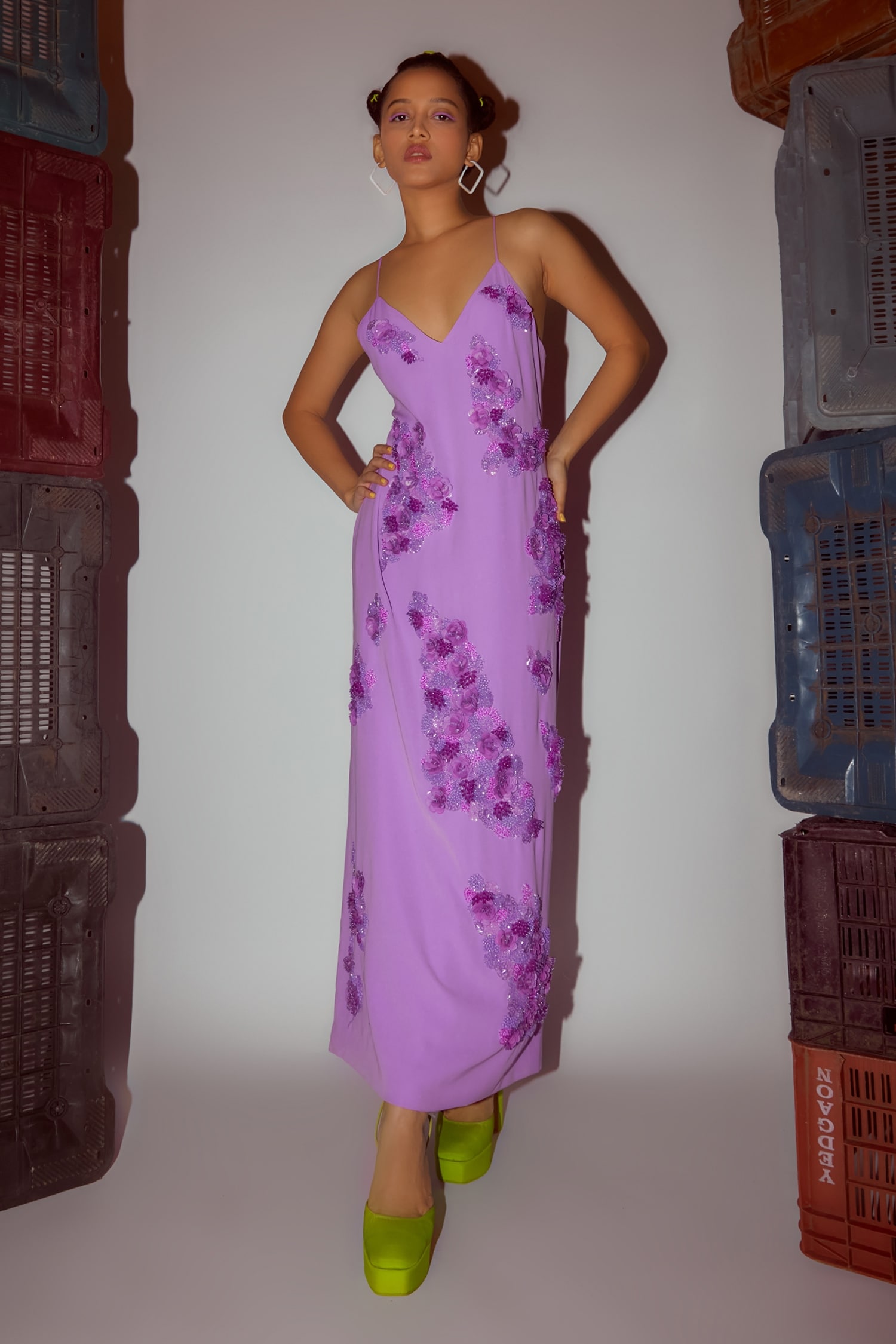 Buy Purple Micro Embroidery Floral Plunge V Slit Dress For Women by ...