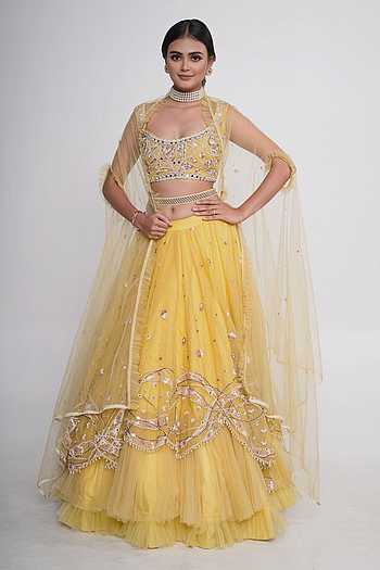 Buy Yellow Organza Embroidered Material Abstract Round Layered Lehenga ...