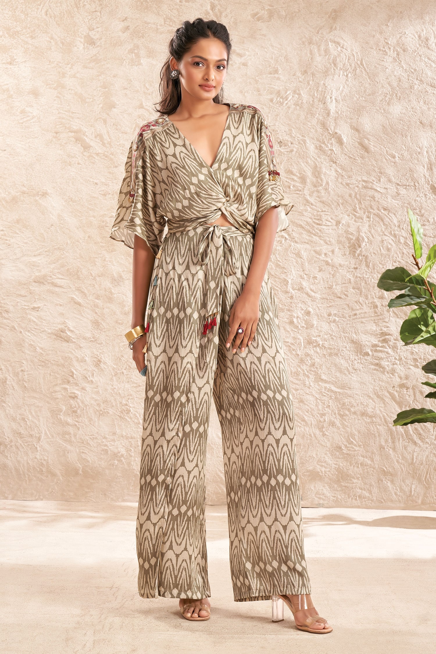 Buy Green Modal Satin Printed Geometric V Neck Tie-up Top And Pant Set ...