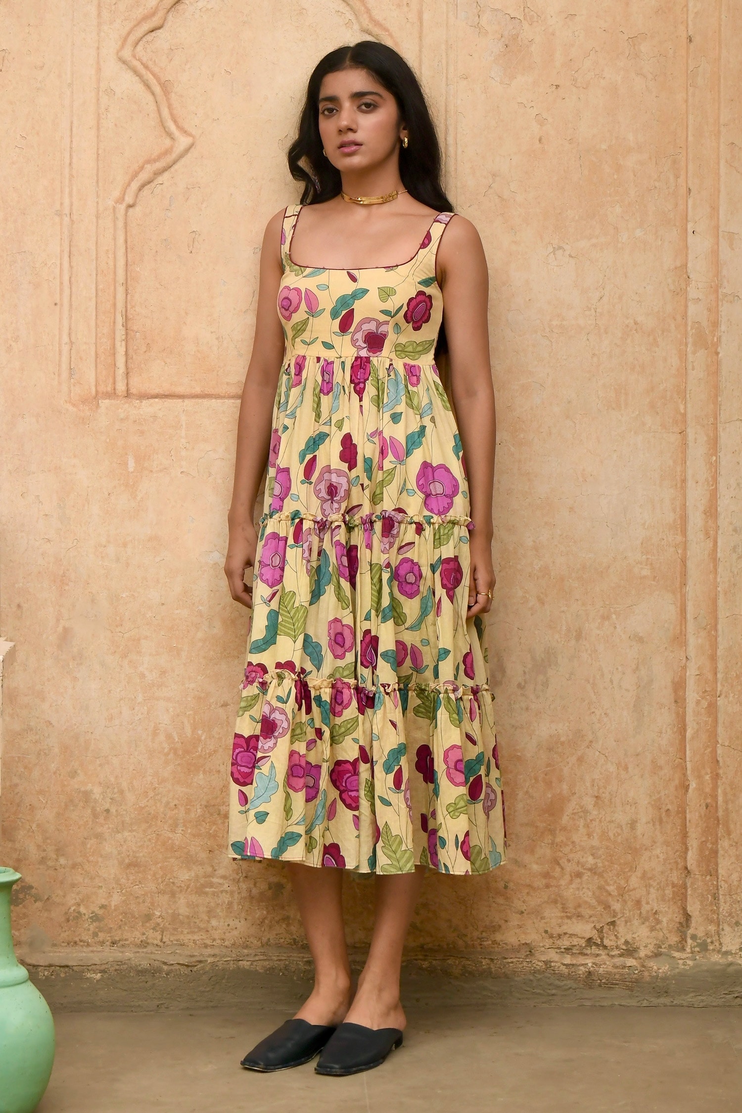 Buy Yellow Mulmul Print Floral Square Neck Grapefruit Tiered Dress For ...