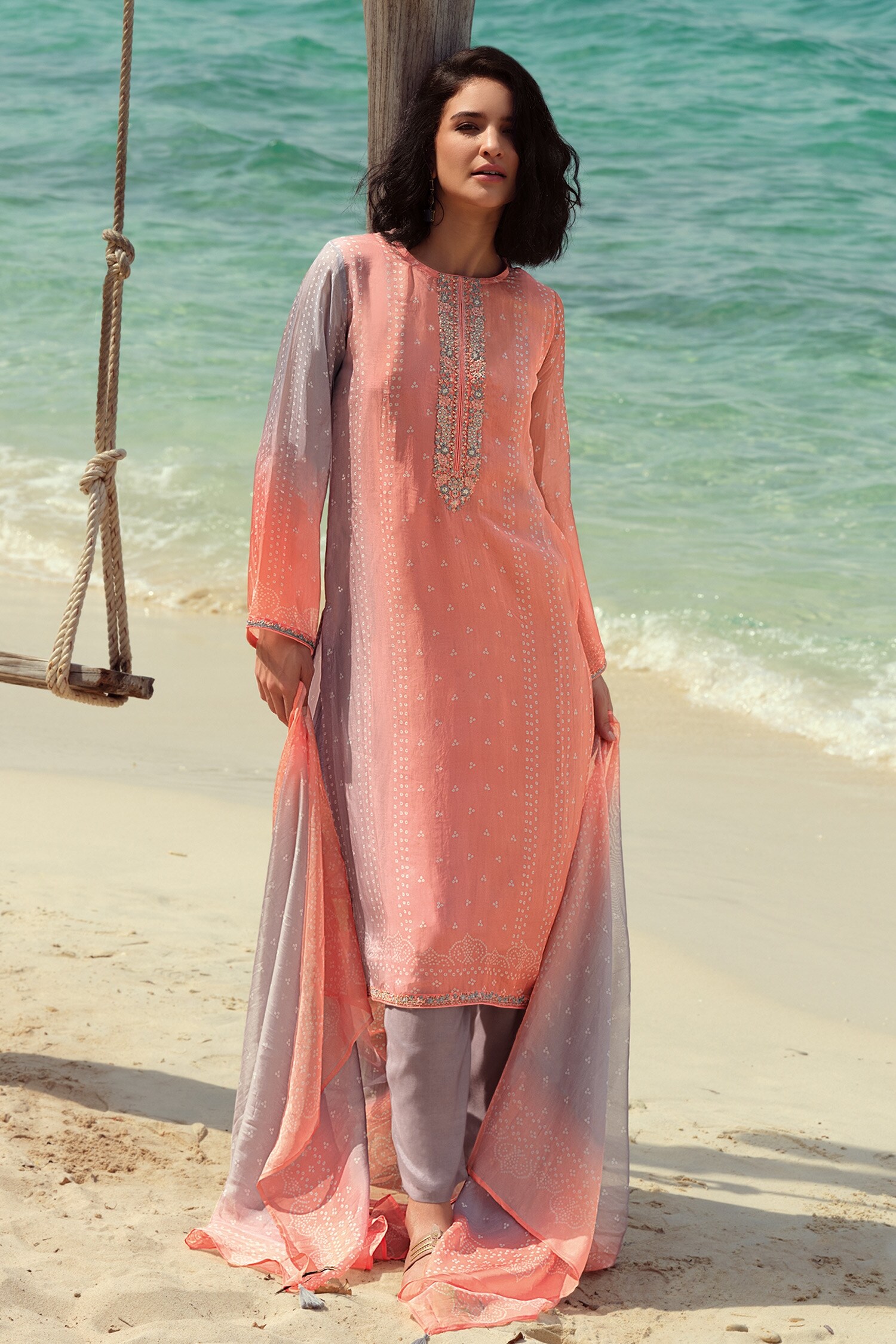 Buy Peach Kurta And Dupatta: Viscose Organza Floral Embroidered Placket ...