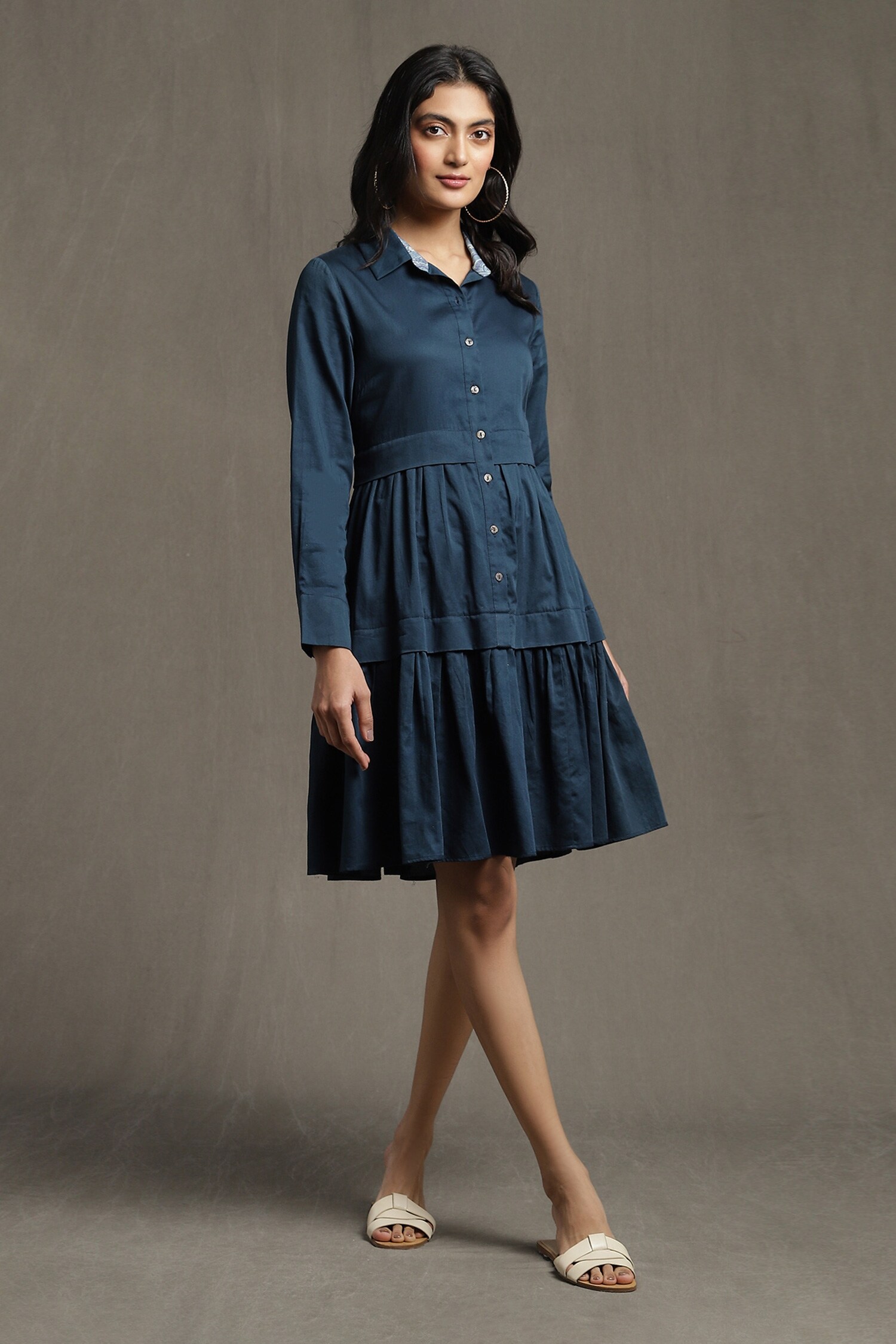 Buy Blue Cotton Satin Plain Collared Neck Ruffled Hem Shirt Dress For ...