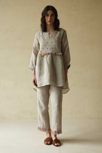 Buy Beige Gauze Linen Hand Embroidered Polka Smears Notched Short Top ...