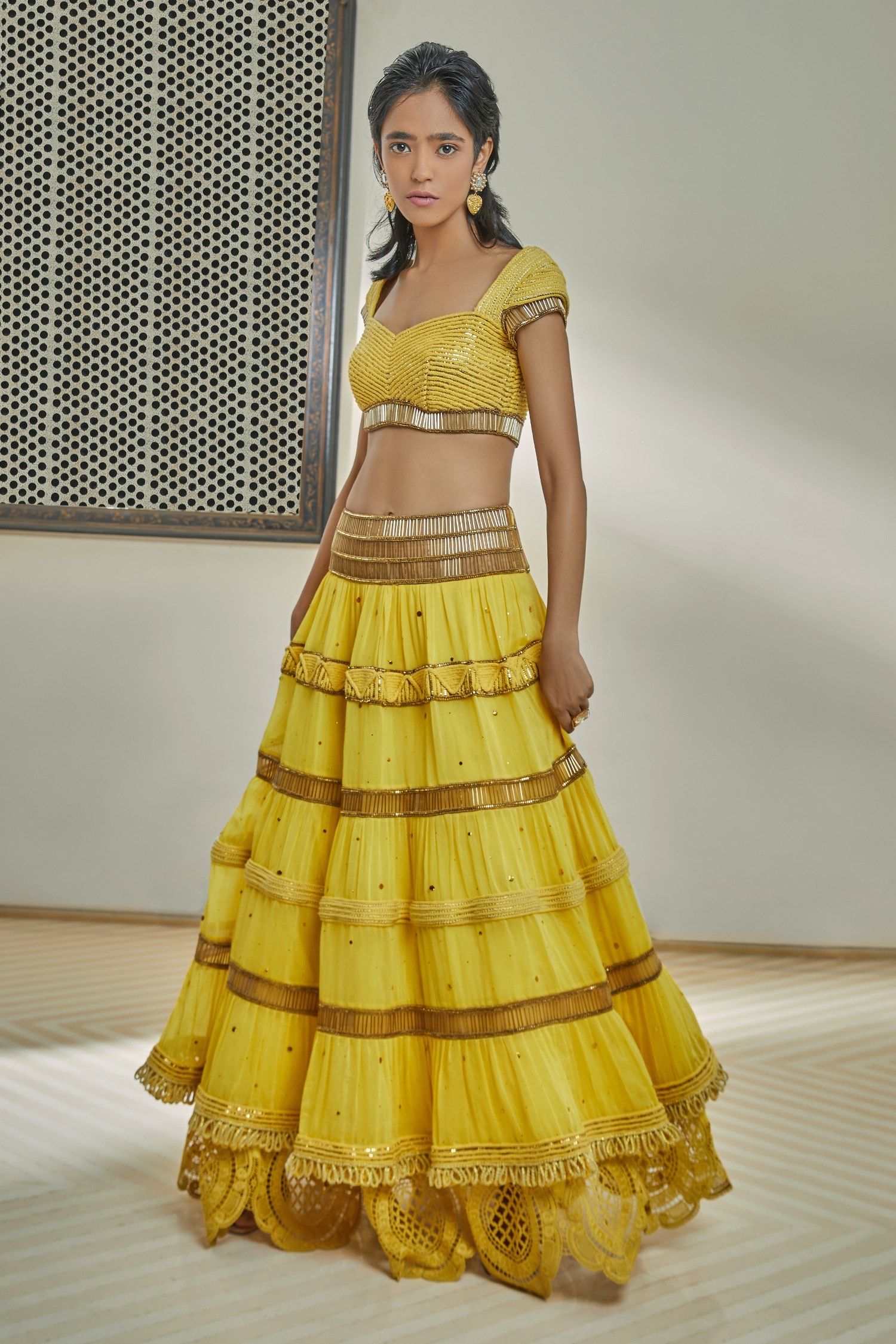 Buy Yellow Hand Embroidery Pipe Chanderi Badla Lehenga Skirt For Women ...