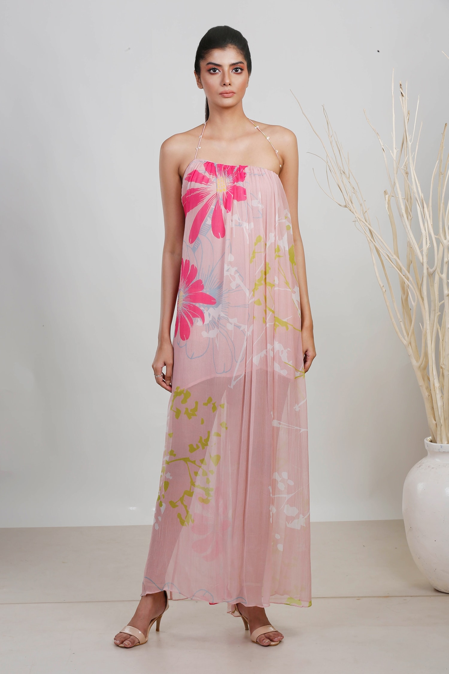 Buy Pink Chiffon Printed Floral Square Neck String Dress For Women by ...