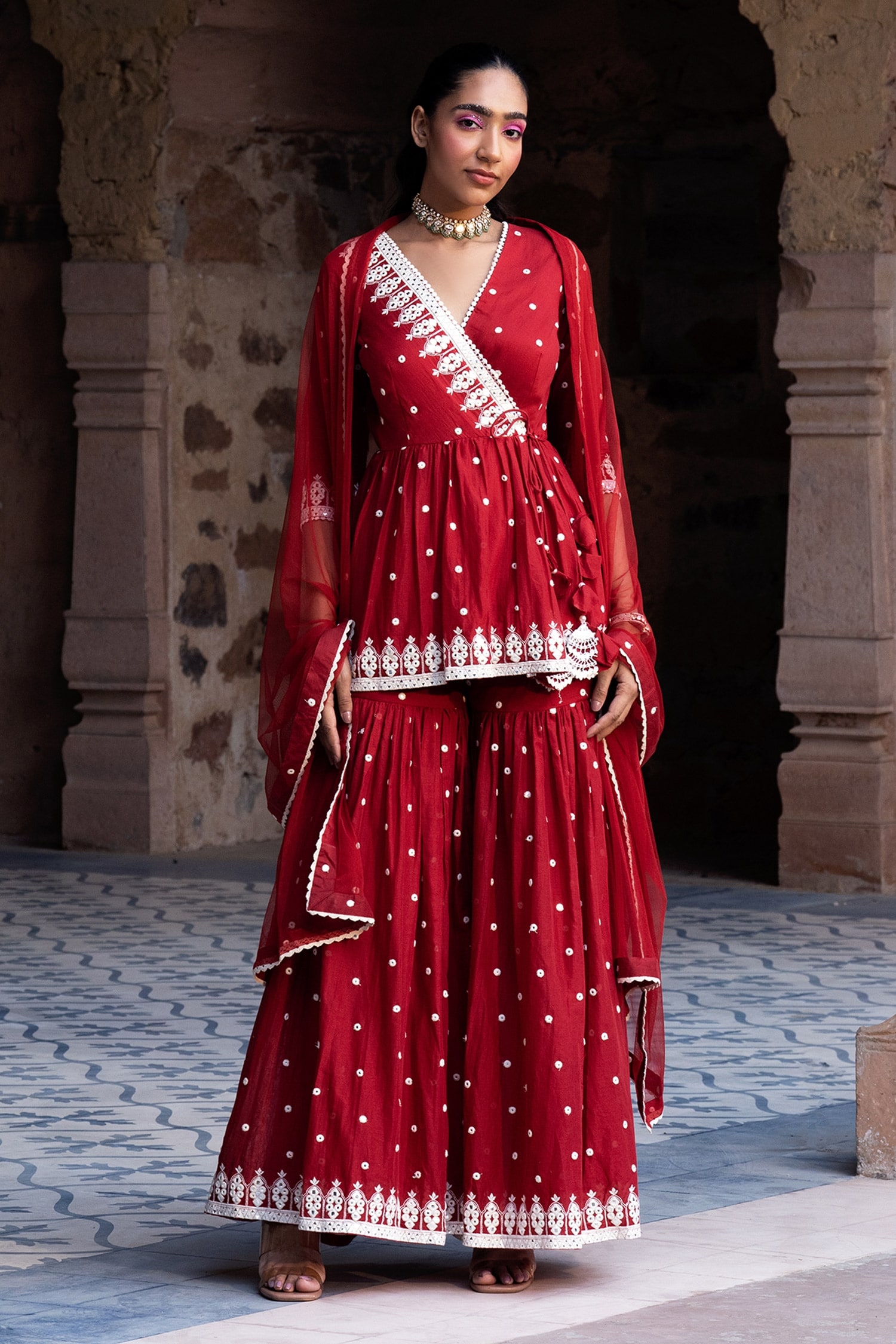 Buy PREEVIN Cotton Mulmul Triangle Embroidered Short Angarkha Set ...