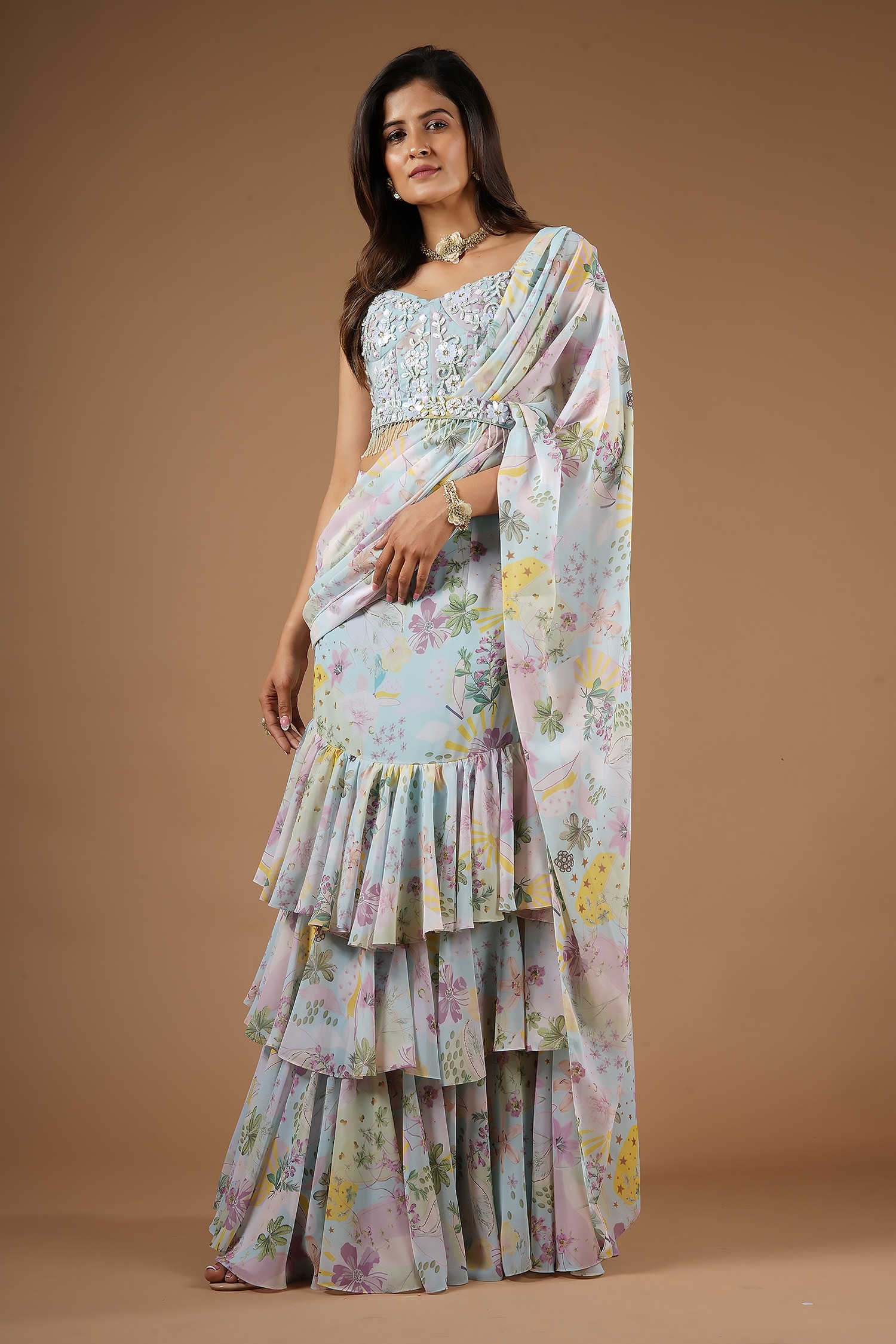 Buy Blue Viscose Printed Pre-draped Ruffle Saree With Embroidered ...