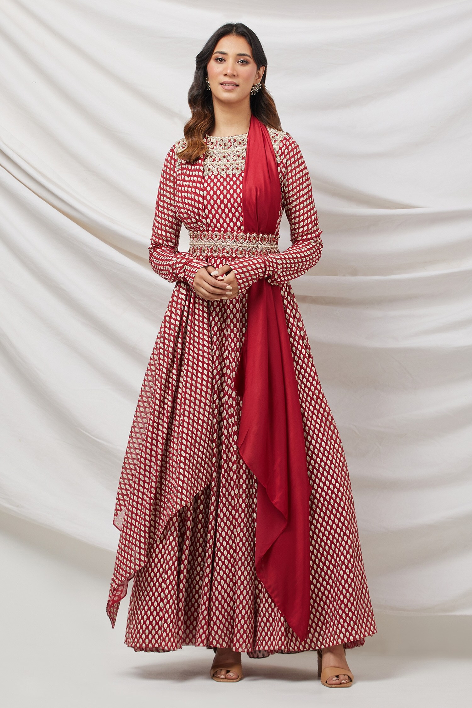 Buy Red Georgette Embroidered Stone Gathered Sleeve Anarkali With ...