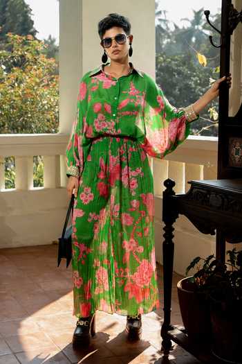 Buy Paulmi and Harsh Green Crepe Full Blooming Pattern Shirt And Pant ...