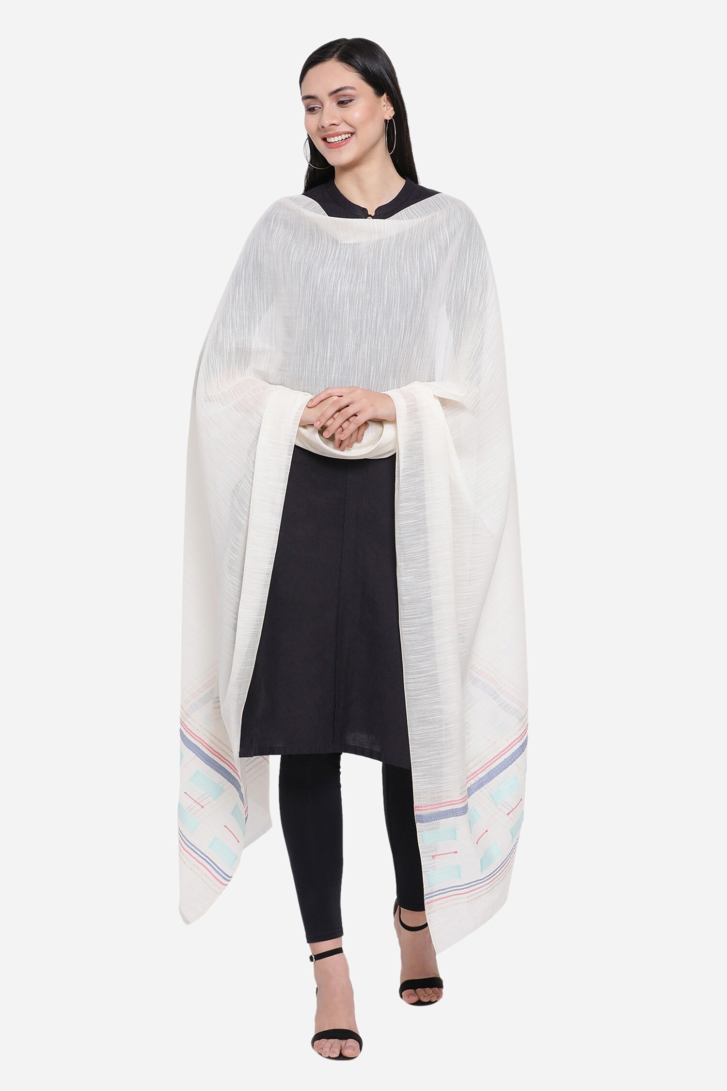 Buy Shingora Off White Cotton Geometric Pattern Bordered Dupatta Online ...