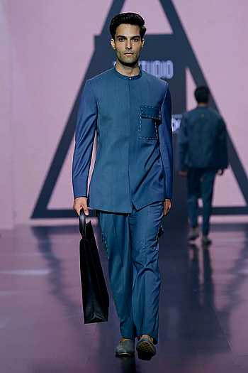 Buy Blue Terry Rayon Plain Full Sleeve Bandhgala Set For Men by Tisa ...