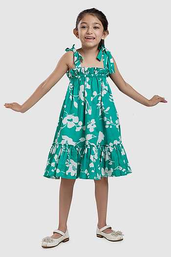 Buy Green 100% Pure Cotton Poplin Floral Dress For Girls by Byb Premium ...