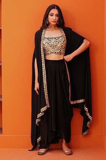 Buy Black Georgette Embroidery Mirror Work Shisha Border Cape Skirt Set ...