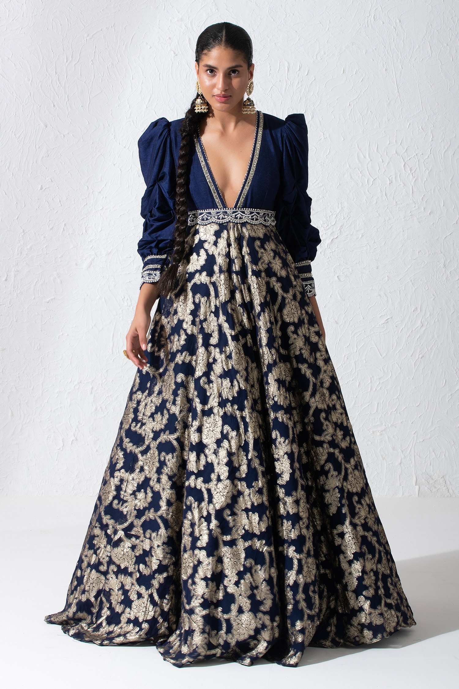 Buy Rishi & Vibhuti Blue Raw Silk Modesty Neckline Embroidered Dress ...