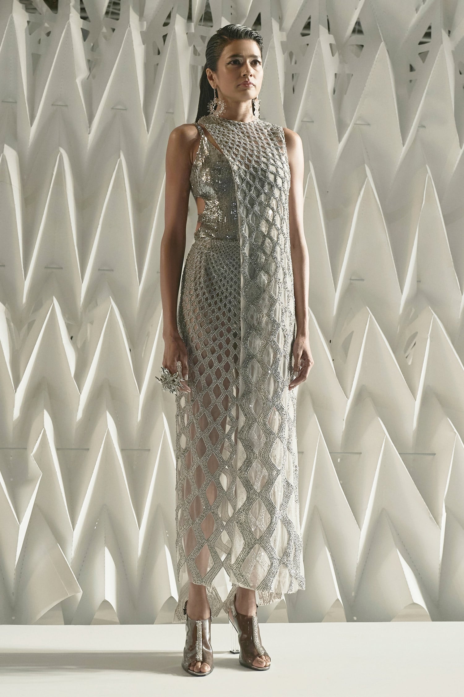 Buy Silver Tulle Embroidery Metallic Sequins Abyss Cutwork Skirt For ...