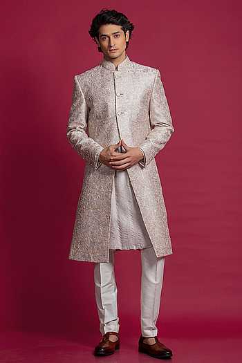 Buy Jayesh Shah Grey Raw Silk Jaal Embroidered A-line Sherwani Set ...