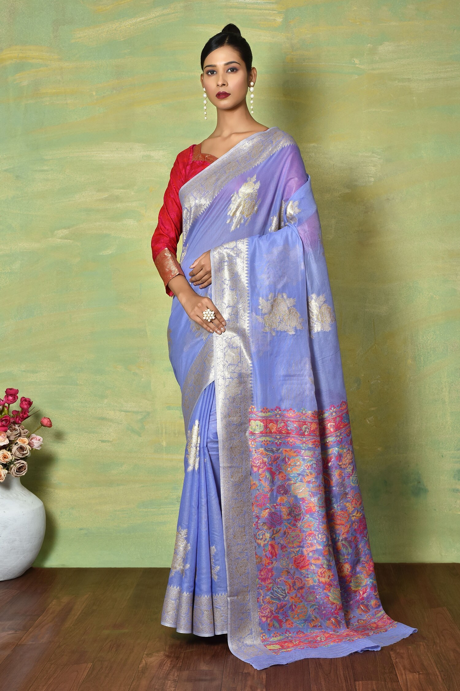 Buy Purple Pashmina Fabrics Woven Floral Placement Rose Pattern Saree ...