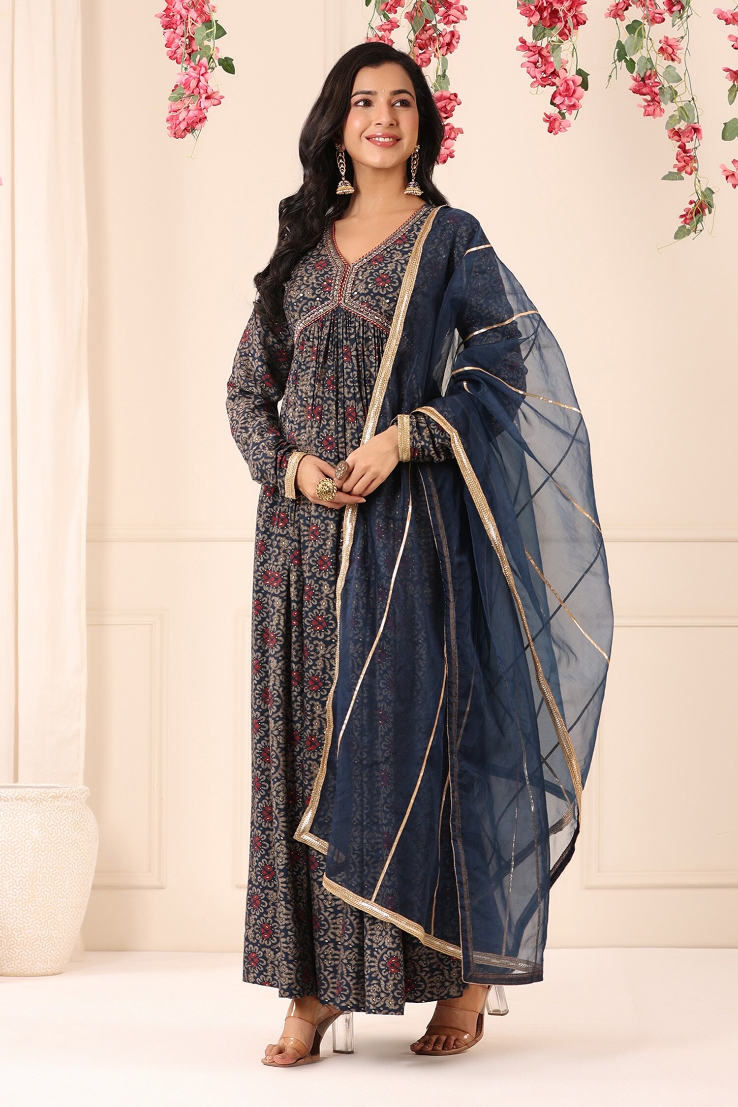 Buy Blue Muslin Printed Floral Patterns V Neck Floret Long Anarkali ...