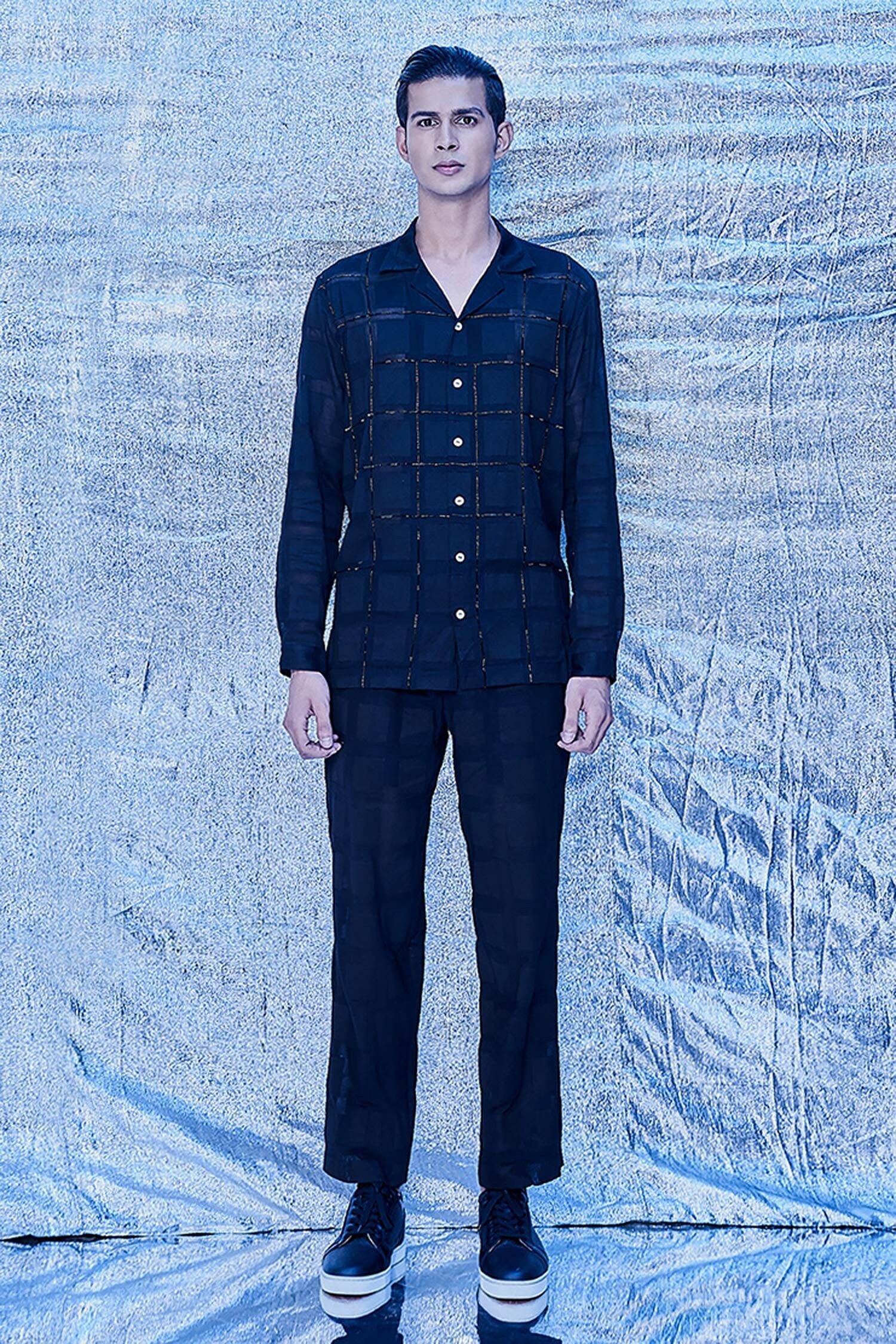 Buy Black Jacquard Cotton Embroidery Cutdana Window Pane Shirt For Men ...