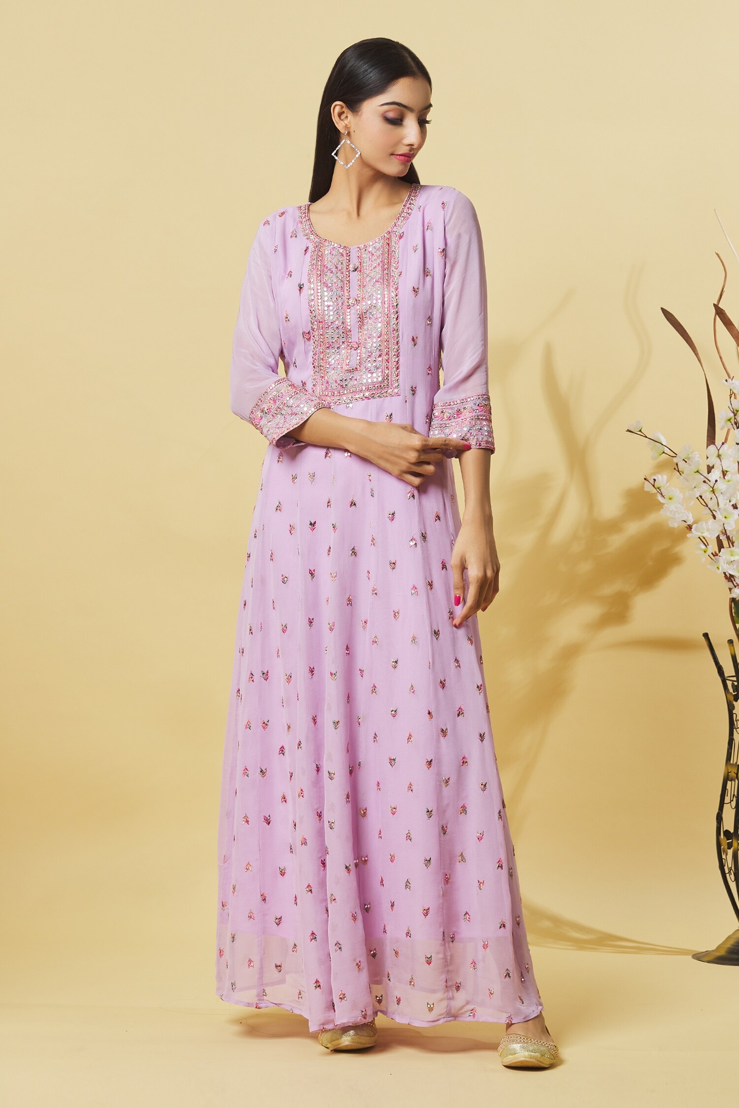 Buy Purple Georgette Embroidery Abla Round Neck Work Staight Line Dress ...