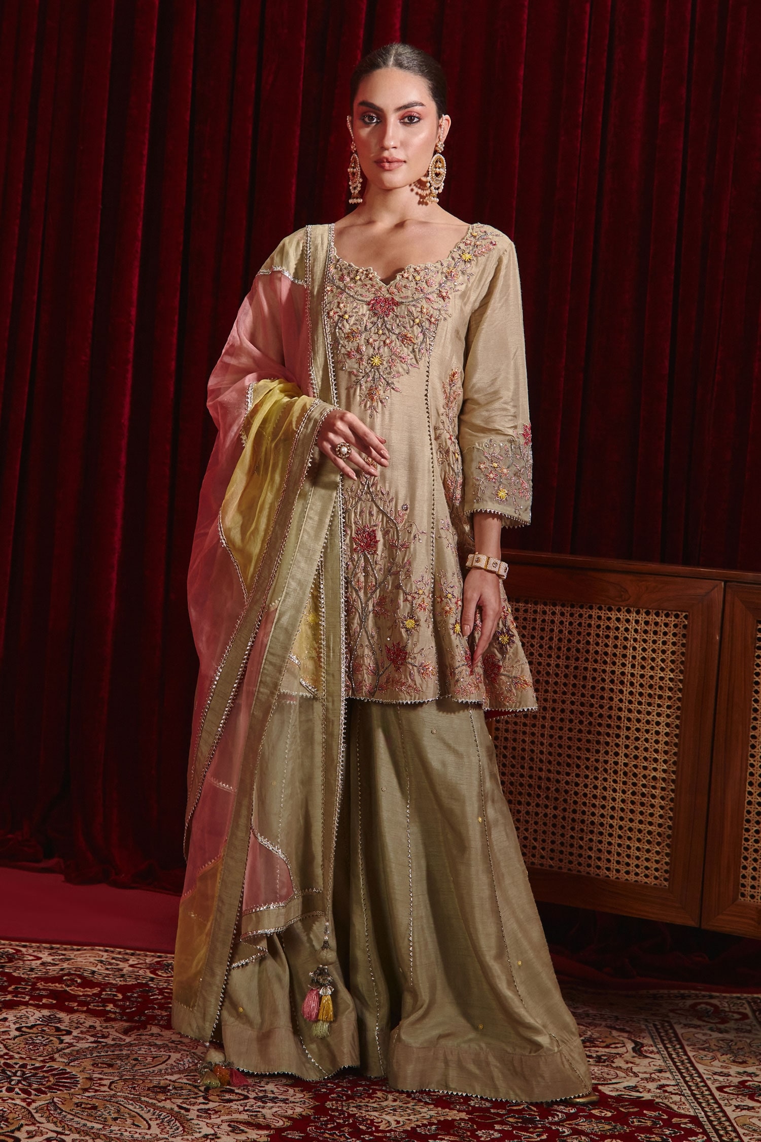Buy Green Dupion Silk And Organza Embroidered Anahita Kurta Gharara Set ...