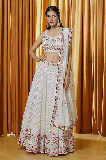 Buy Cream Georgette Embroidered Sequin Leaf Neck Floral Border Lehenga ...