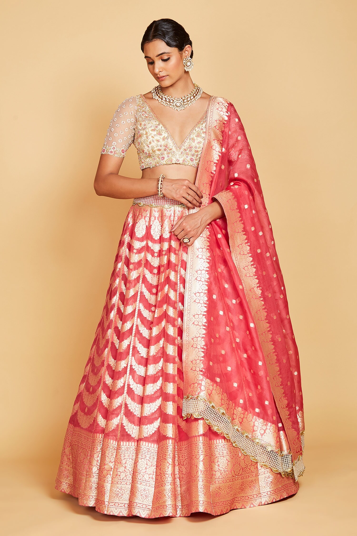 Buy Amrin khan Pink Silk Banarasi Organza Periwinkle Cutdana ...