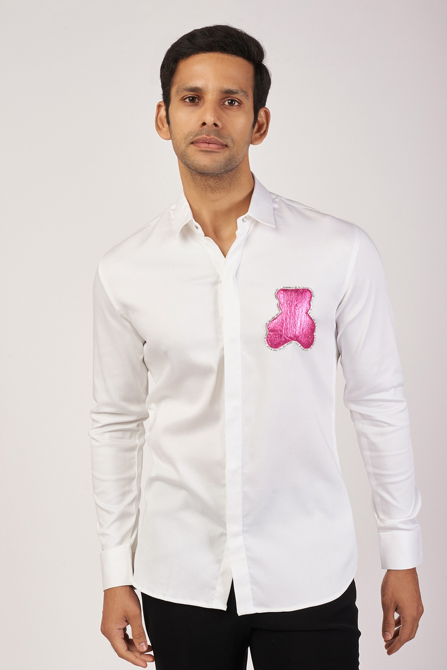 Buy White Stretchable Cotton Hand Embroidered Teddy Shirt For Men by ...