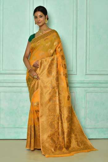 Buy Yellow Cotton Blend Woven Floral And Paisley Motifs Pattern Saree ...