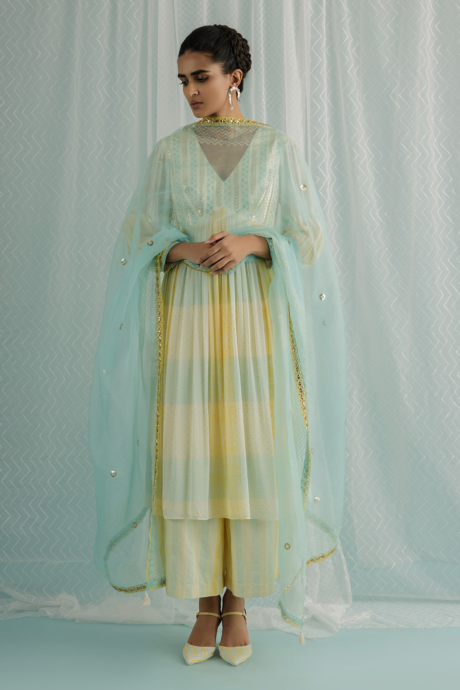 Buy Ivory Anarkali Georgette Block Print Polka Dot Aila Dual Shaded Set ...