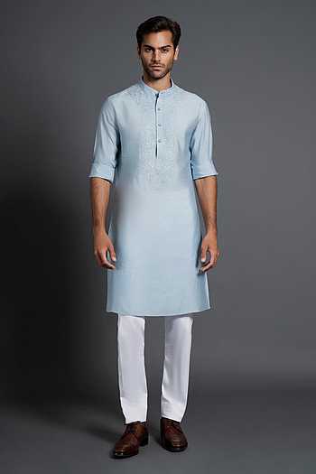 Buy Blue Silk Embroidered Geometric Placket Kurta For Men by ...