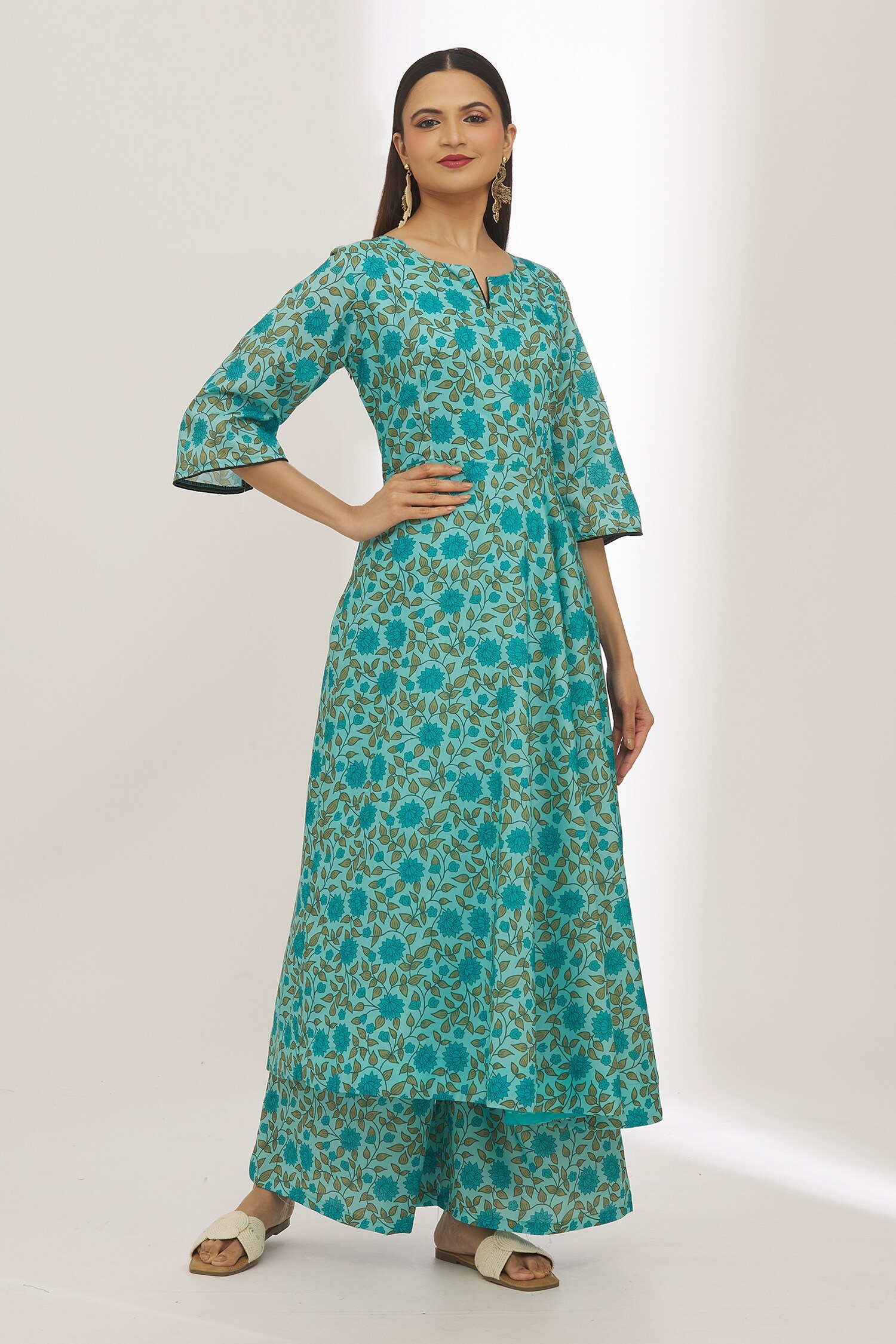 Buy Blue Muslin Printed Floral Vine Notched Anarkali And Palazzo Set ...