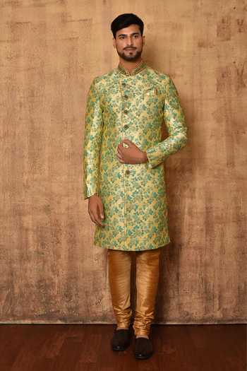 Buy Green Sherwani: Art Silk And Jacquard Woven Floral Pattern Set For ...