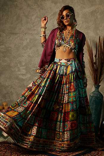 Buy Multi Color Viscose Crepe Printed Small Tile Deep V Neck Bralette ...
