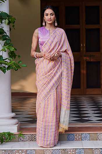 Buy Multi Color 100% Linen And Zari Woven Stripe Kangan Pattern Saree ...