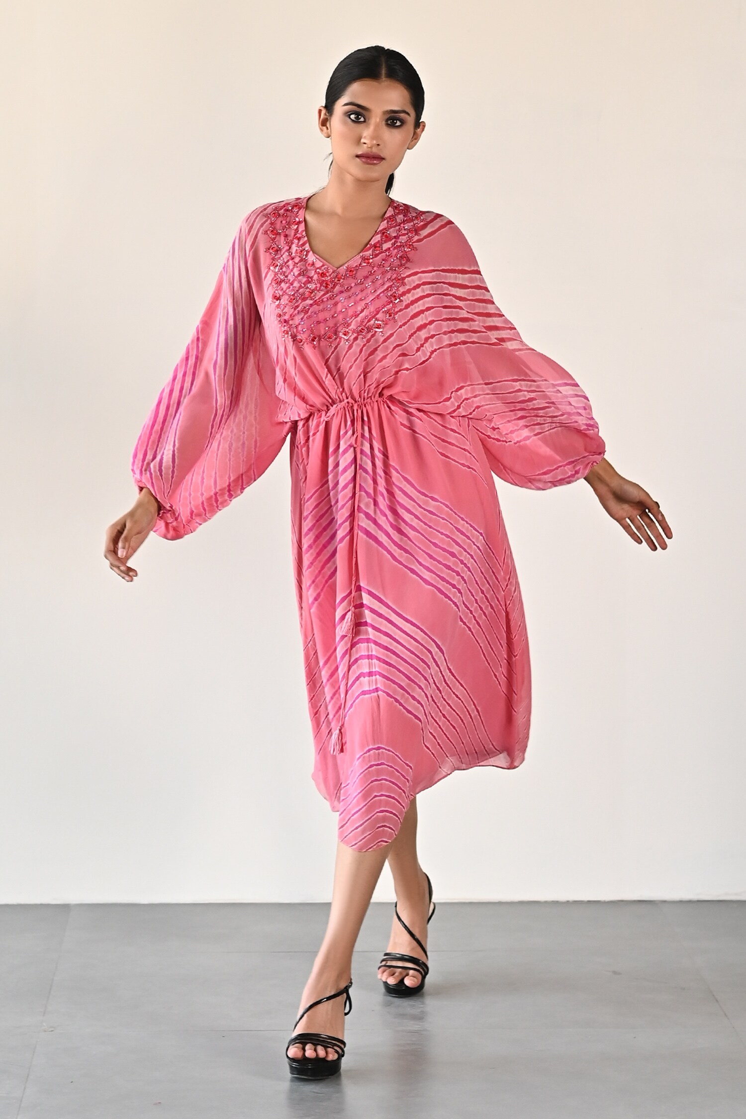 Buy Pink Georgette Wave Pattern And Embellished Beads Dress: V Neck ...