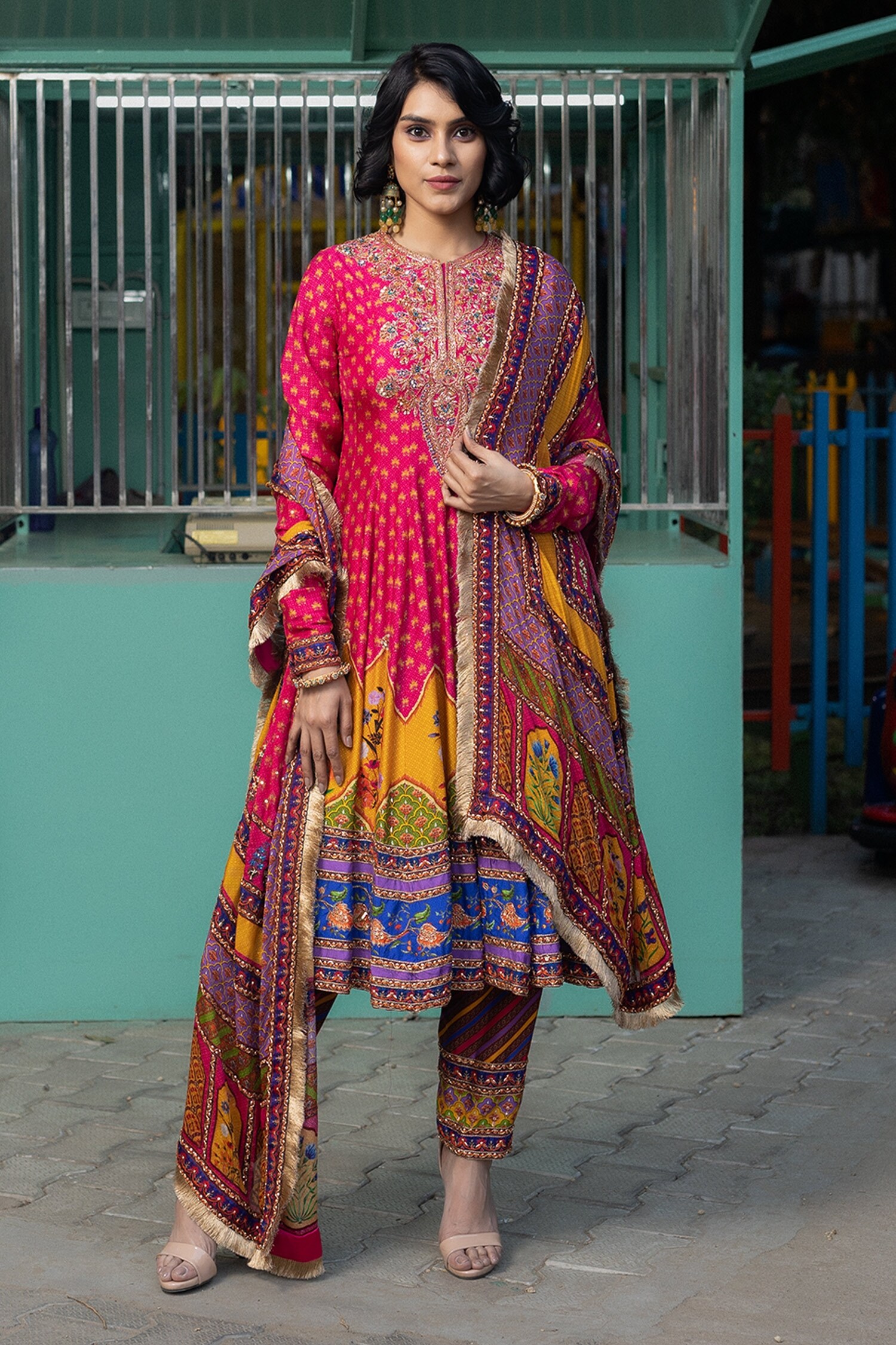 Buy Multi Color Dupion Print Floral Round Neck Flower Anarkali Set For ...