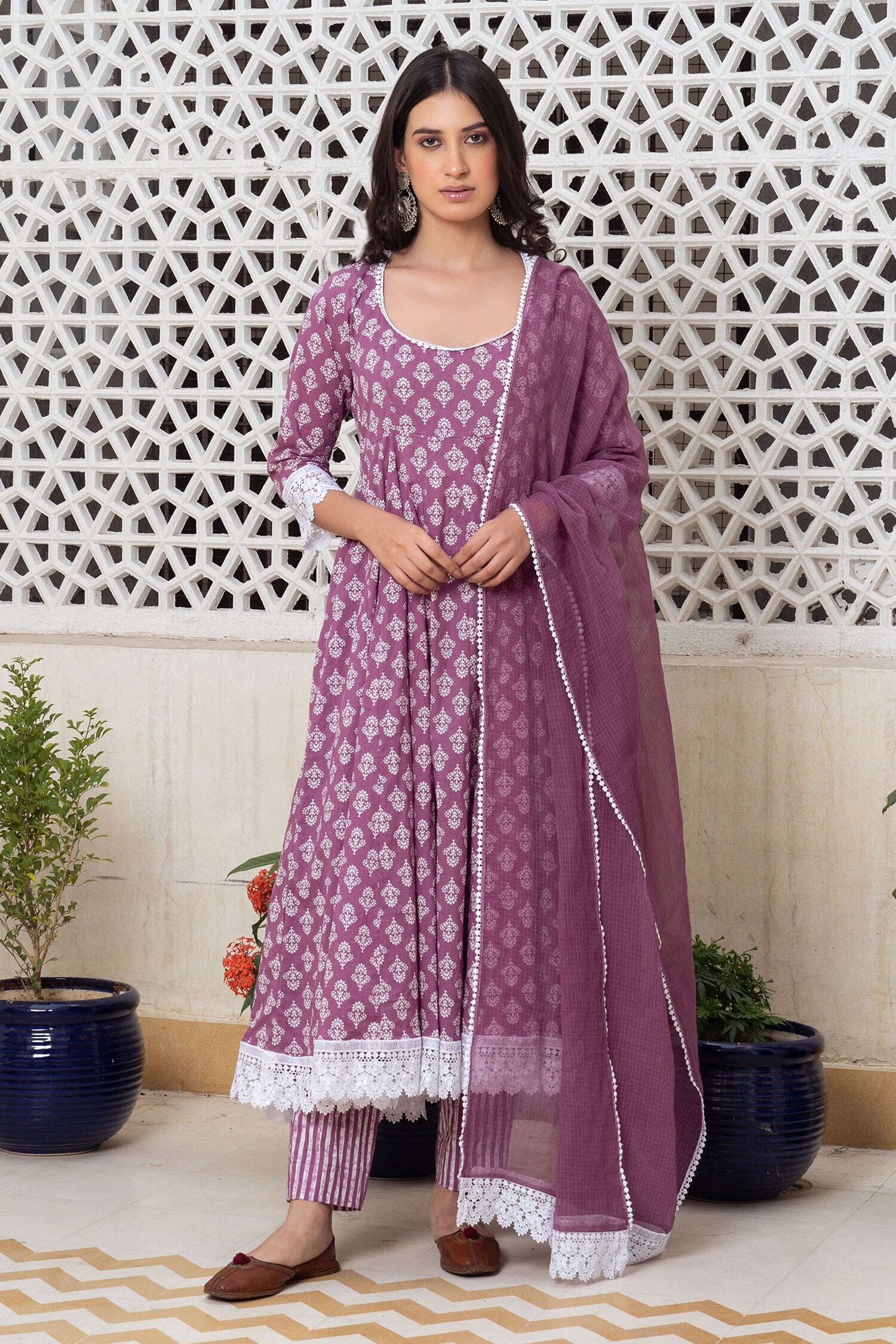 Buy Rivaaj Clothing Purple Cotton Floral Block Print Anarkali Set ...