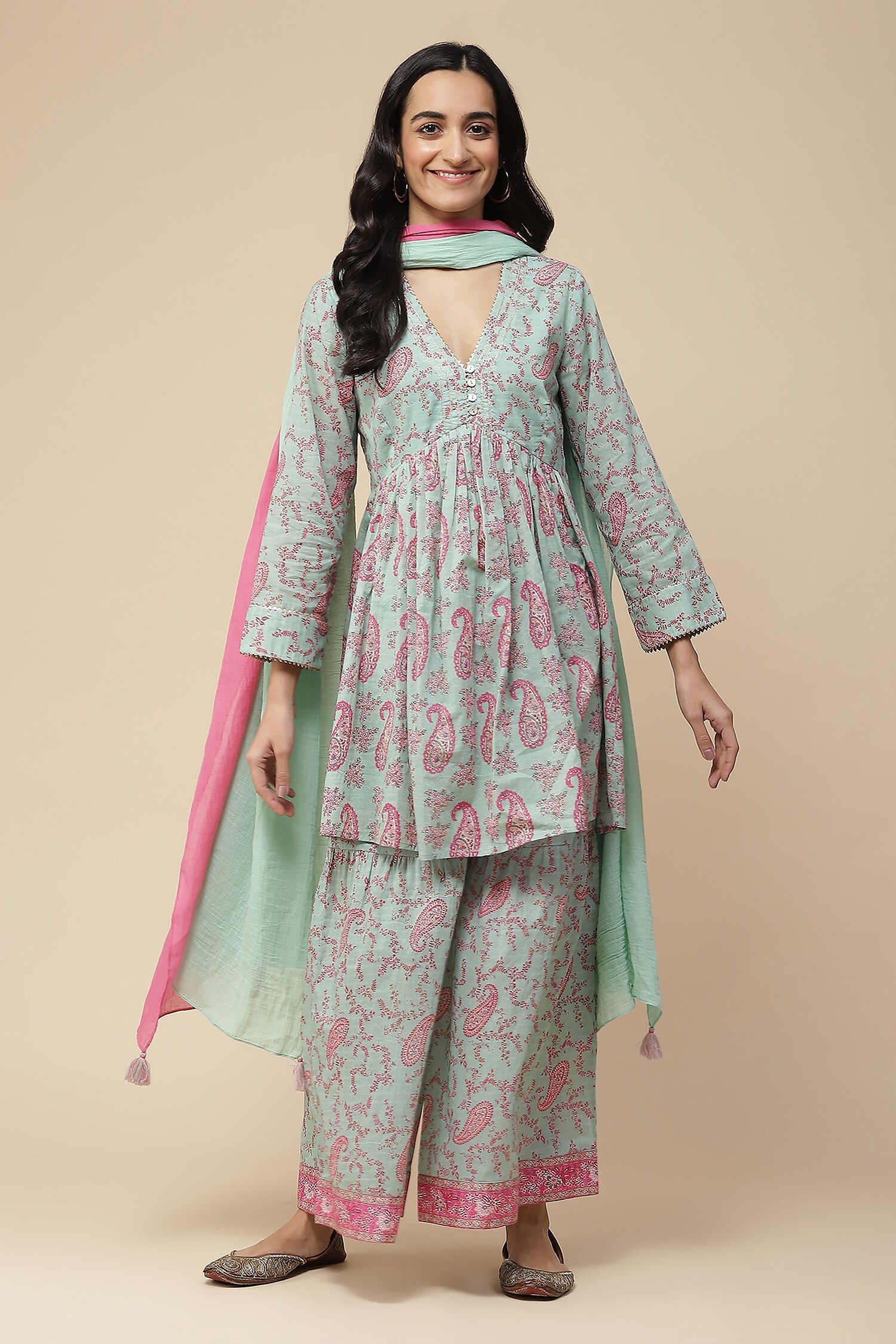 Buy Aarke Ritu Kumar Green Cotton Paisley Print Short Anarkali Sharara ...