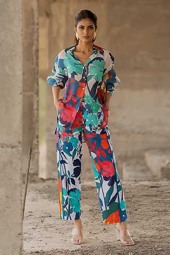 Buy Pooja-Keyur Blue Paradise Floral Print Shirt With Pant Online | Aza ...