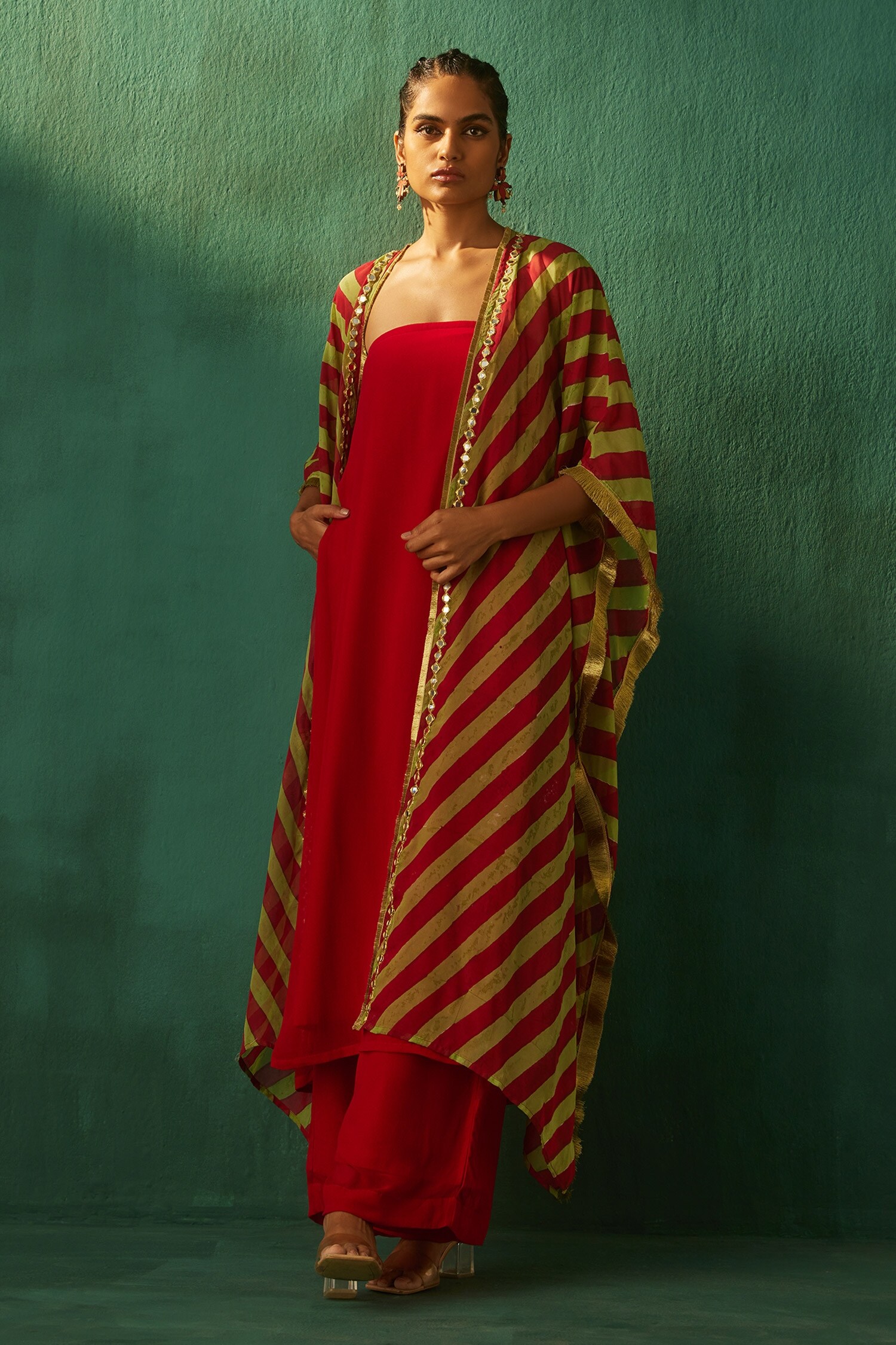 Buy Aapro Red Georgette Stripe Print Kaftan Jacket And Pant Set Online ...