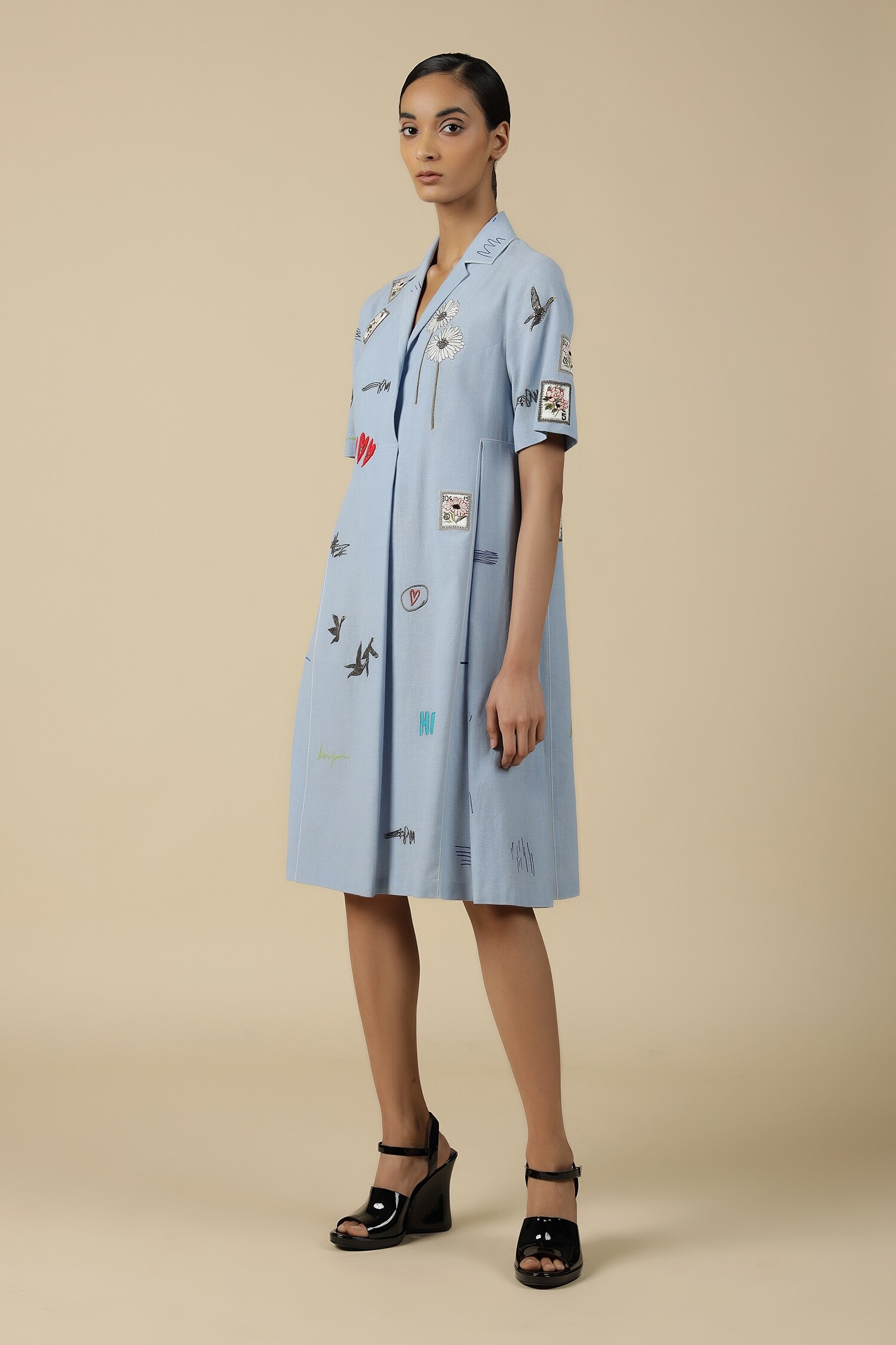 Buy Shahin Mannan Blue Chambray Funky Pattern Panelled Dress Online ...