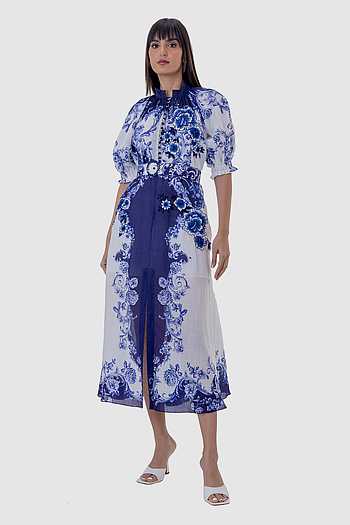 Buy Gaya White Cotton Voile Dyme Linen Baroque Print Dress Online | Aza ...