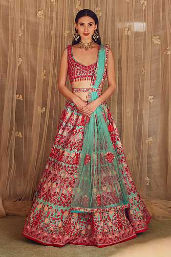 Buy Shyam Narayan Prasad Blue Applique And Thread Work Brocade Lehenga ...