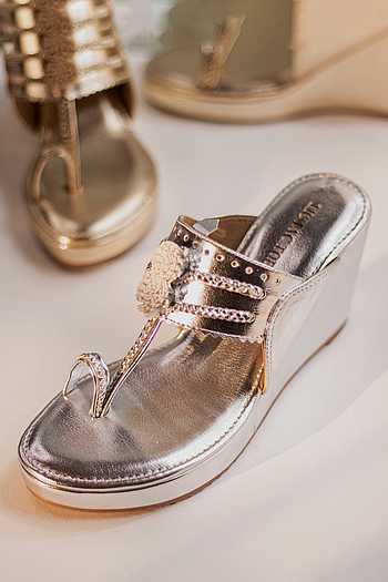 Buy Tic Tac Toe Footwear Silver Pu Leather Pom Pom Metallic Kolhapuri ...