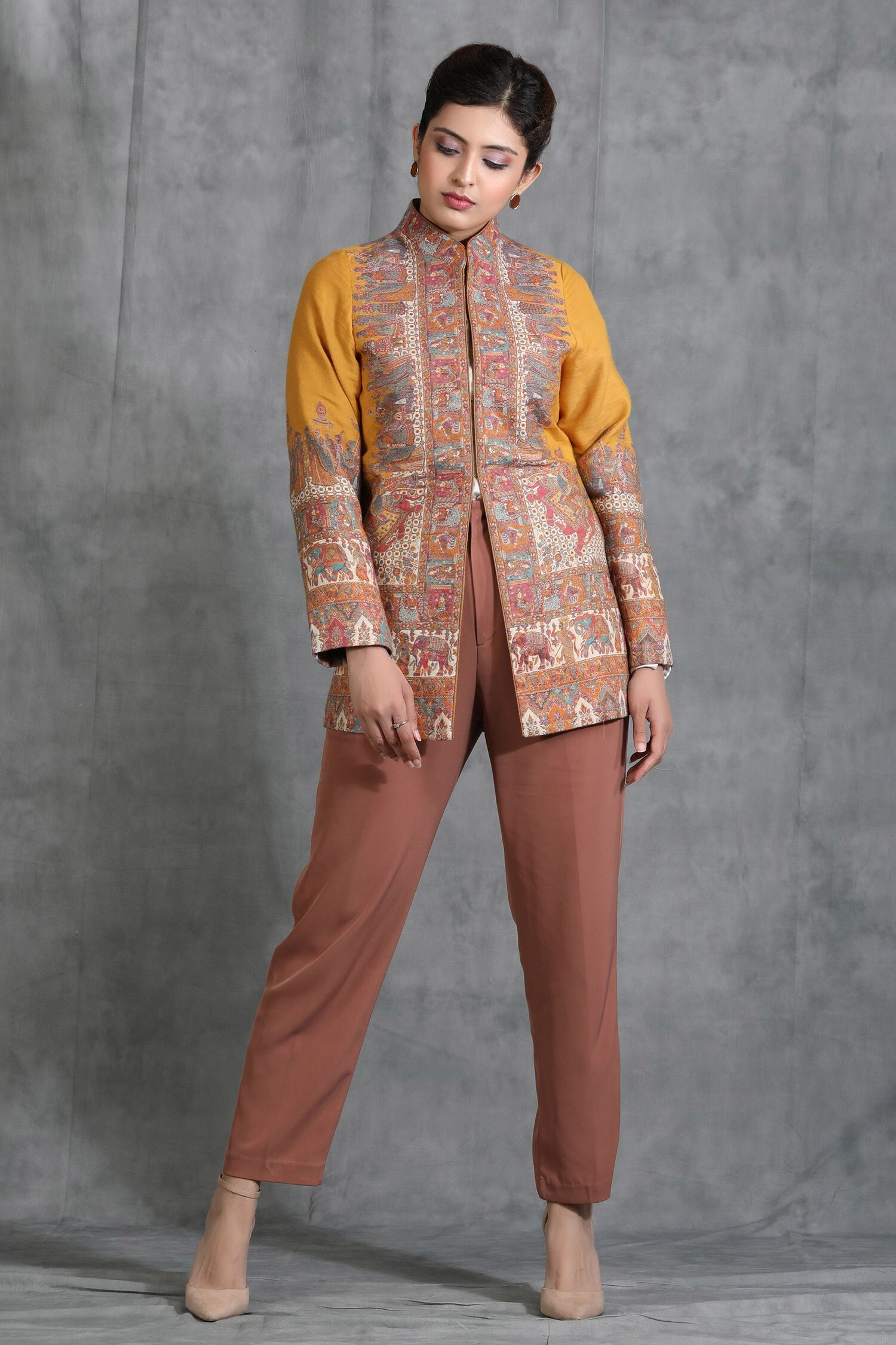 Buy Yellow Pashmina Hand Woven Thread Collar Royal Palace Jacket For ...