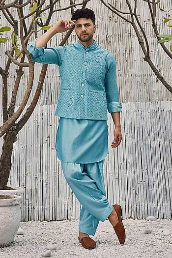 Buy Charkhee Blue Hand Embroidered Bundi Jacket And Kurta Set Online ...