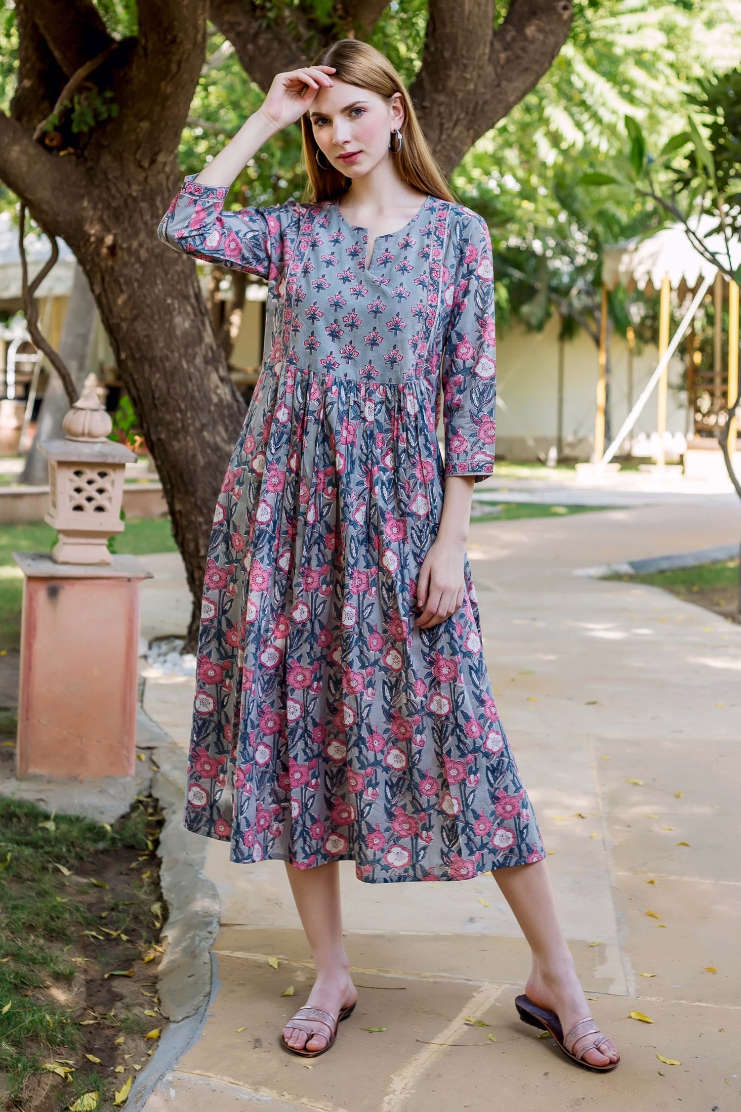 Buy Grey Cotton Hand Block Printed Floral Notched Dress For Women by ...